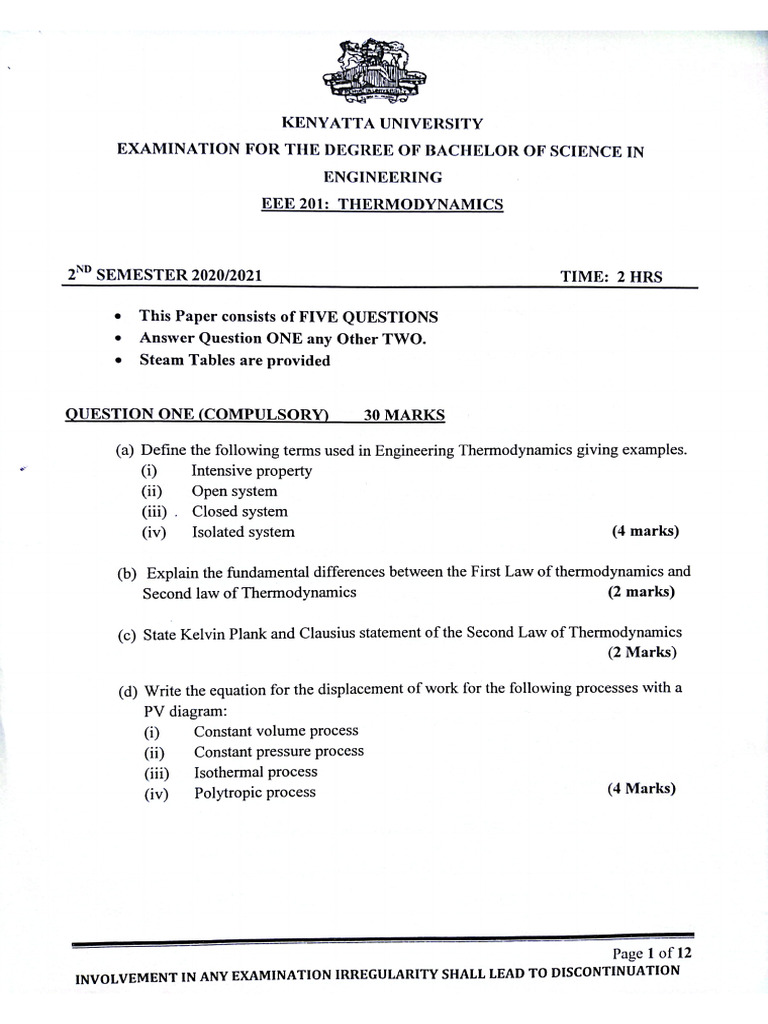 Past Papers Thermodynamics Eee 201 | PDF