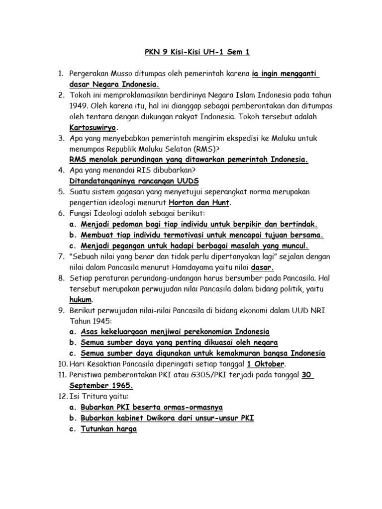 PKN 9 Kisi-Kisi Uh 1 Sem 1 | PDF | Politik