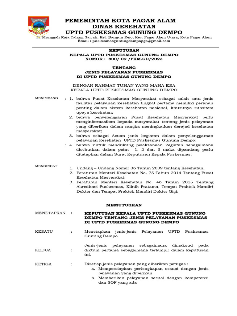 SK Jenis Pelayanan Puskesmas | PDF