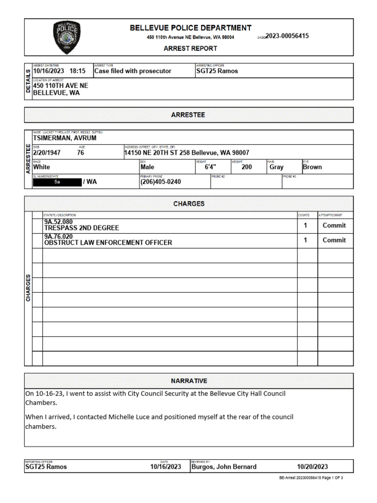 Bellevue, WA Police Report Into Avrum (Alex) Tsimerman 2023-10-16 | PDF ...