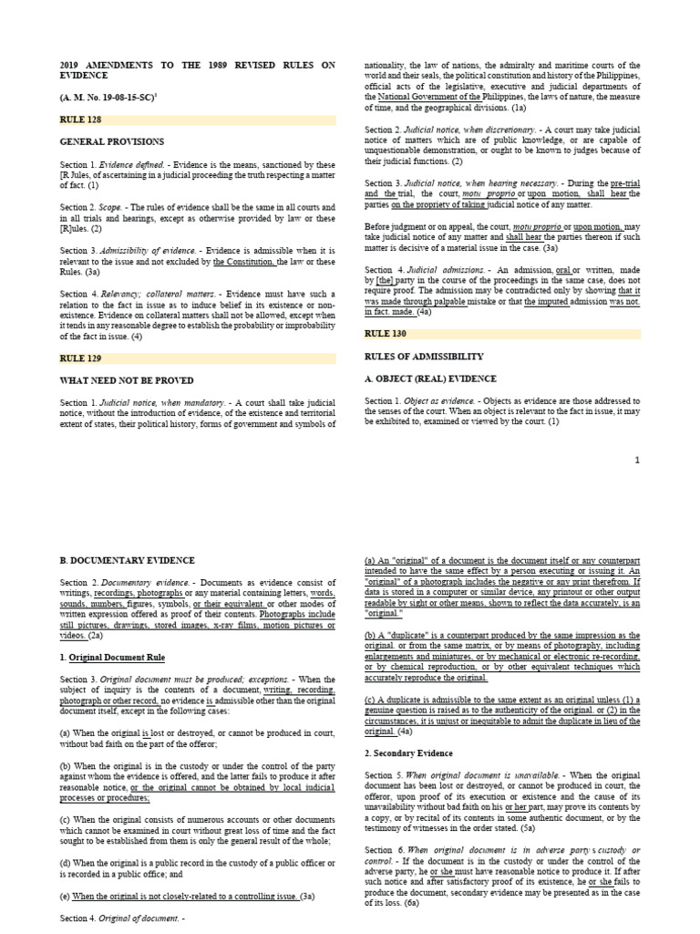 2019 Amendments Rules On Evidence | PDF | Evidence (Law) | Hearsay