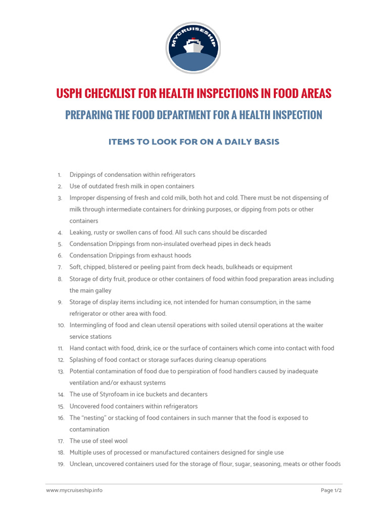 Usph Checklist For Health Inspections in Food Areas | PDF | Kitchen ...