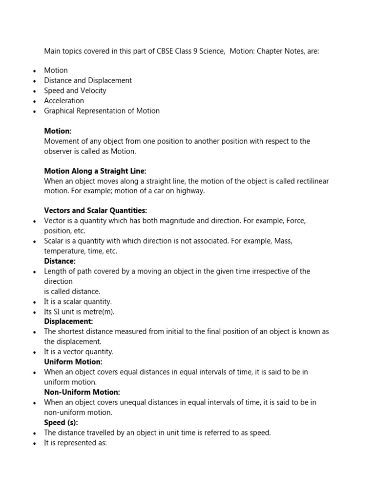 Class 9 Motion Notes | PDF | Acceleration | Velocity