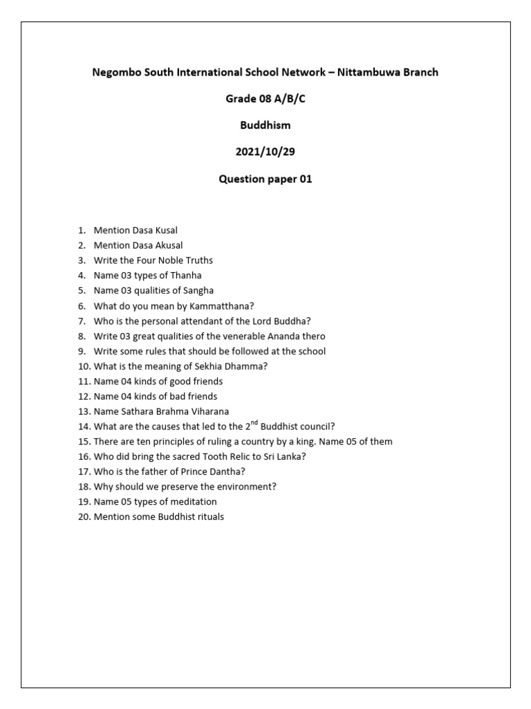 Grade 8 Buddhism Question Paper | PDF