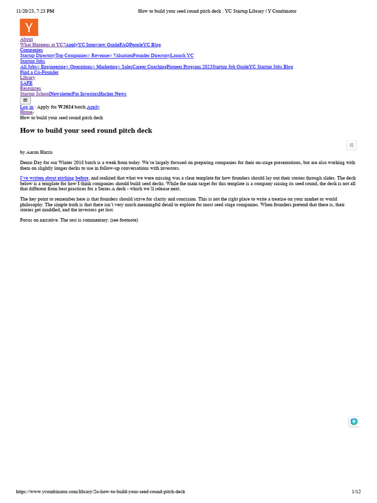 How To Build Your Seed Round Pitch Deck - YC Startup Library - Y Combinator | PDF | Startup ...