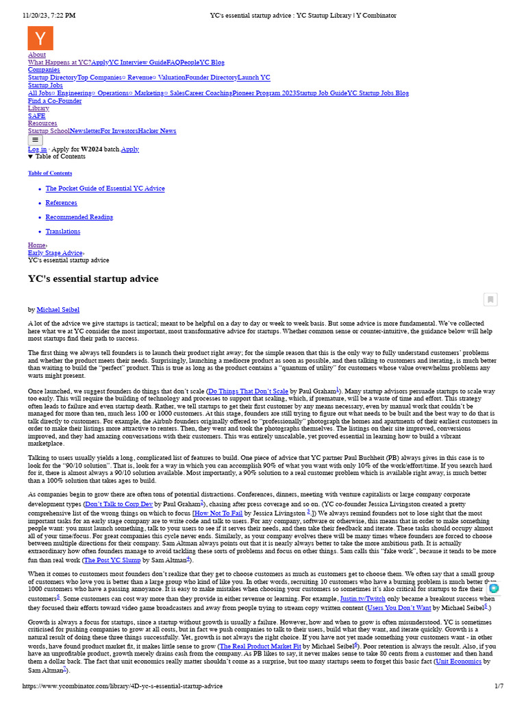 YC's Essential Startup Advice - YC Startup Library - Y Combinator | PDF | Startup Company ...