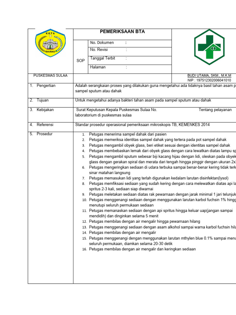 Sop Pemeriksaan Bta | PDF