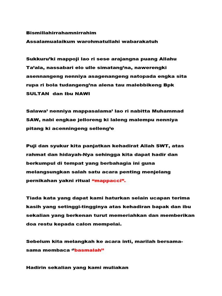 Naskah MC Mappacci Adat Bugis | PDF