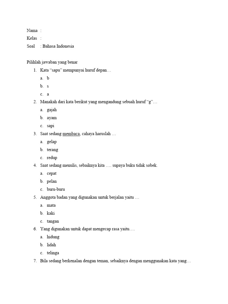 Soal Bahasa Indonesia Kelas 1 SD | PDF | Seni & Disiplin Bahasa | Kajian Bahasa Asing