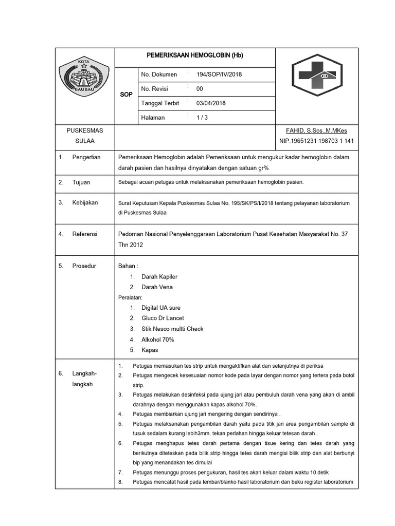 SOP Pemeriksaan HB | PDF