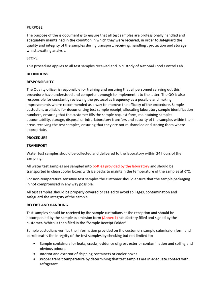 Test Sample Handling and Storage Protocol | PDF | Laboratories ...