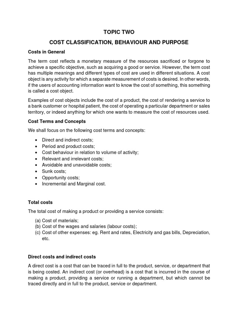 TOPIC TWO - Costs Classification | PDF | Cost | Opportunity Cost