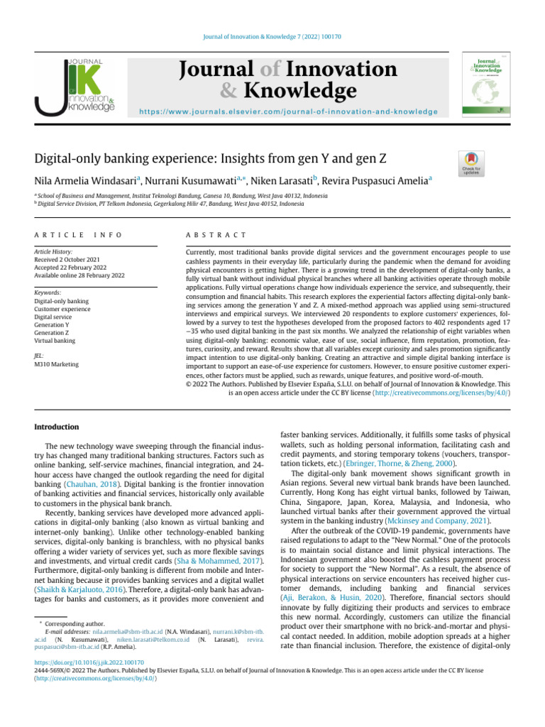 Journal Innovation Knowledge: Digital-Only Banking Experience: Insights ...