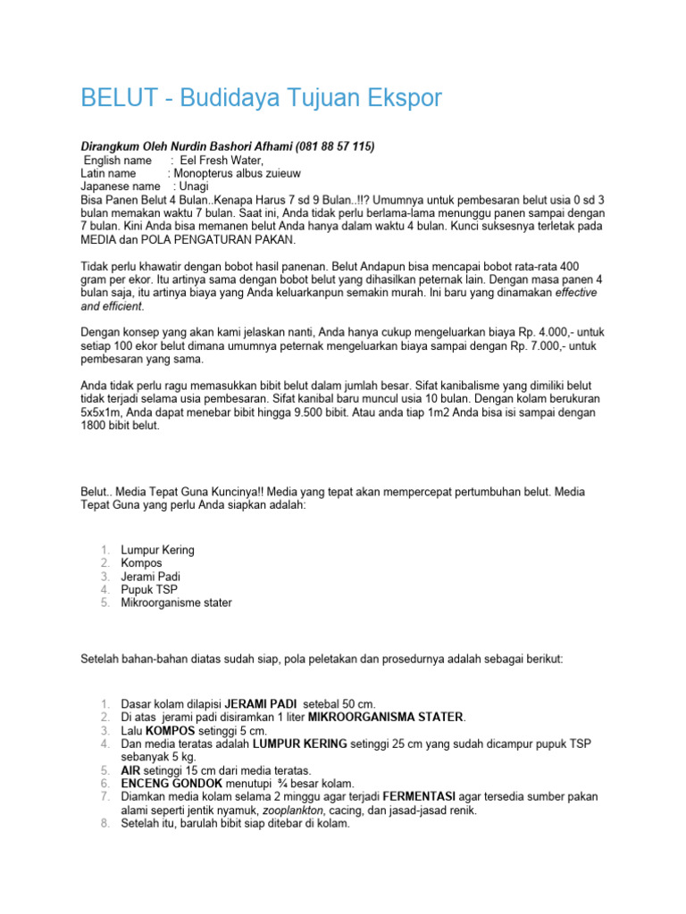 BELUT - Budidaya Tujuan Ekspor | PDF | Griya & Taman