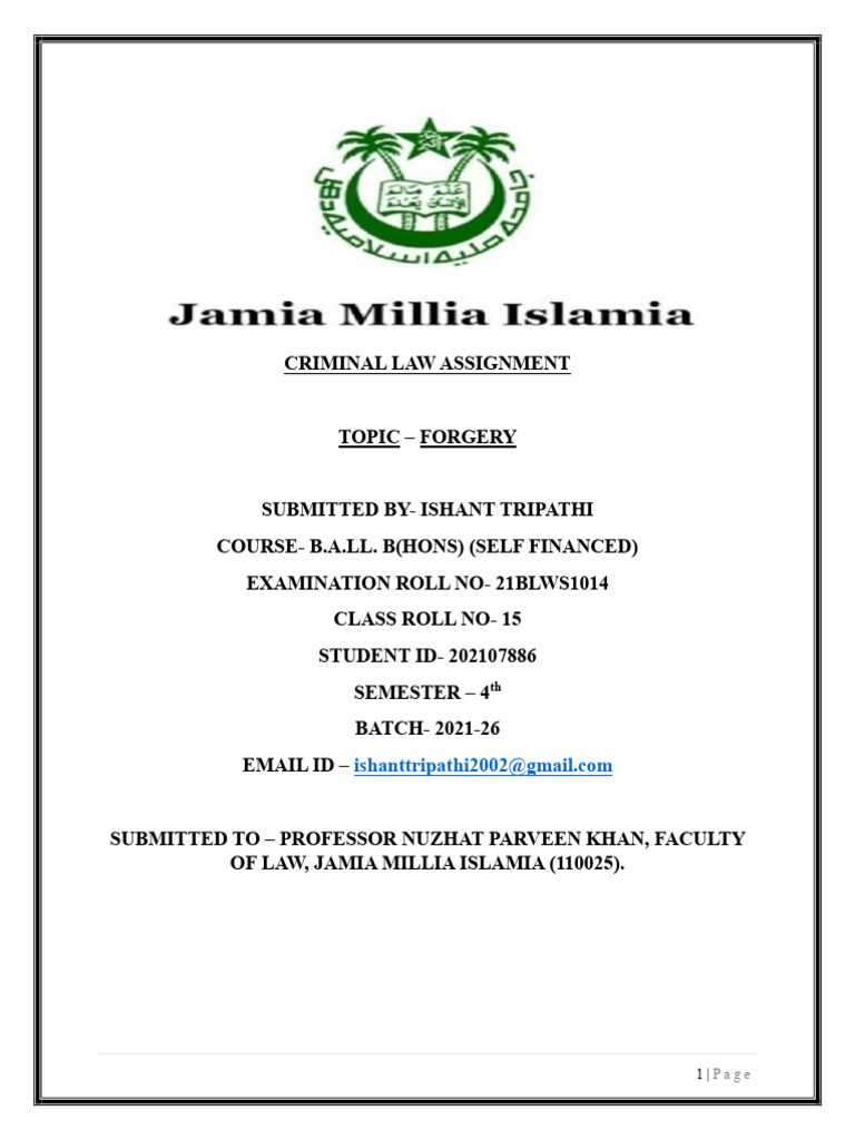 Criminal Law Assignment | PDF | Authentication | Forgery