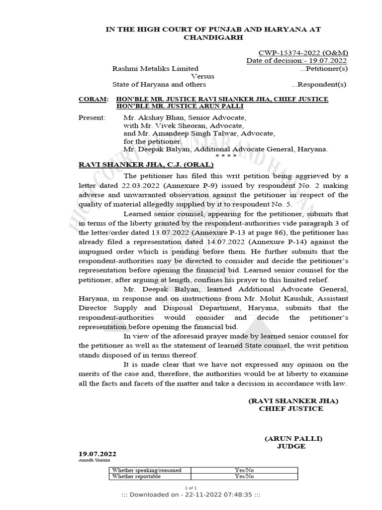 CWP 15374 2022 19 07 2022 Final Order | PDF | Supreme Court Of The ...