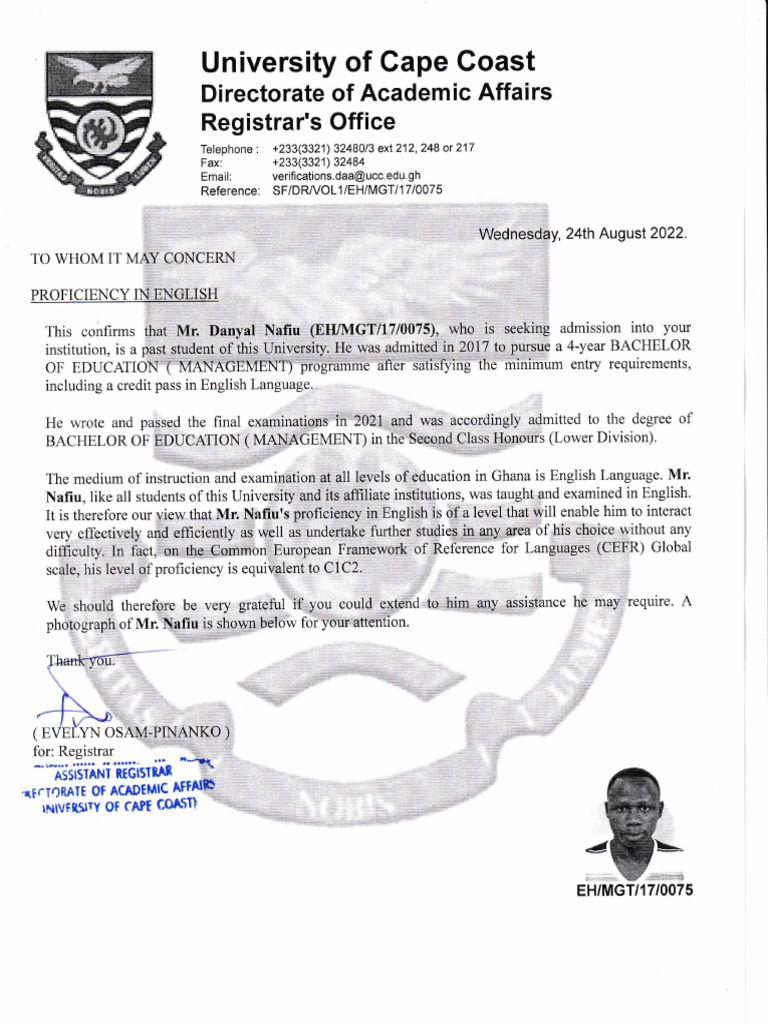 English Proficiency Confirmation Letter | PDF