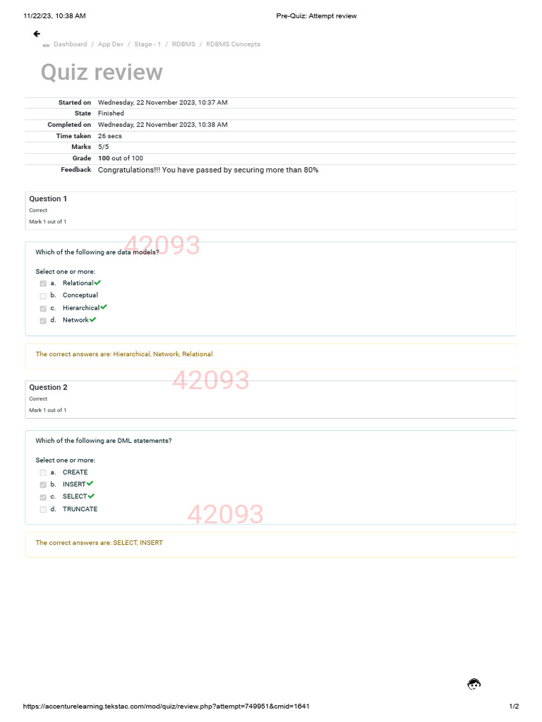 Pre-Quiz - Attempt Review | PDF | Relational Database | Relational Model