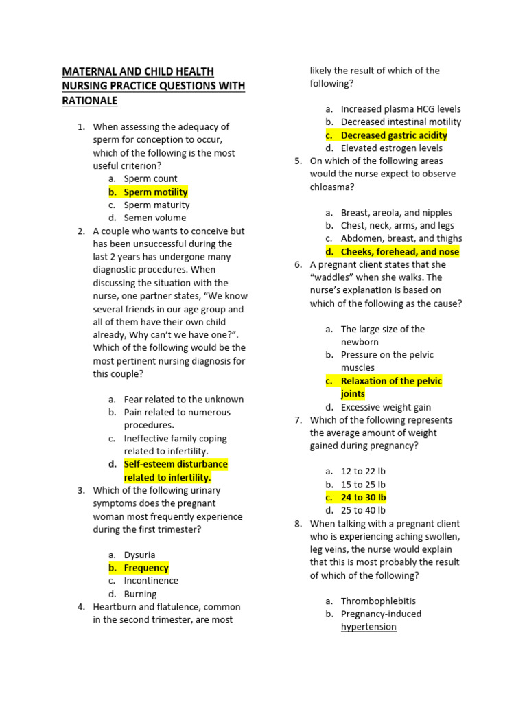 Maternal and Child Health Nursing Practice Questions With Rationale ...