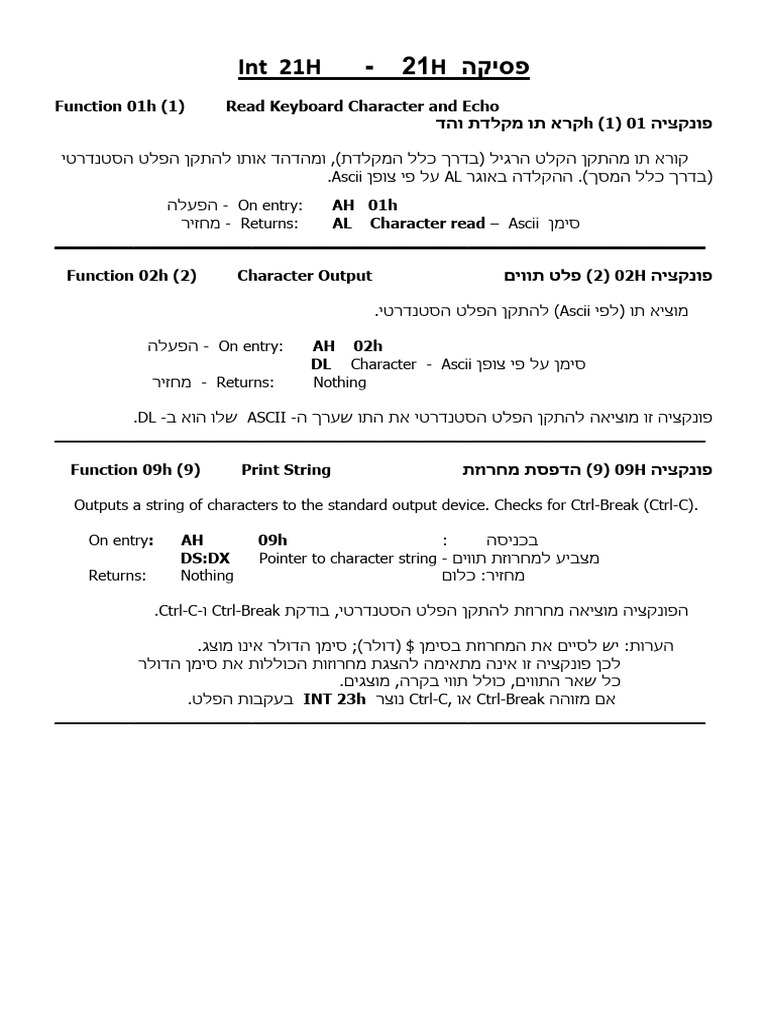 Int21h Functions 1 2 9 | PDF