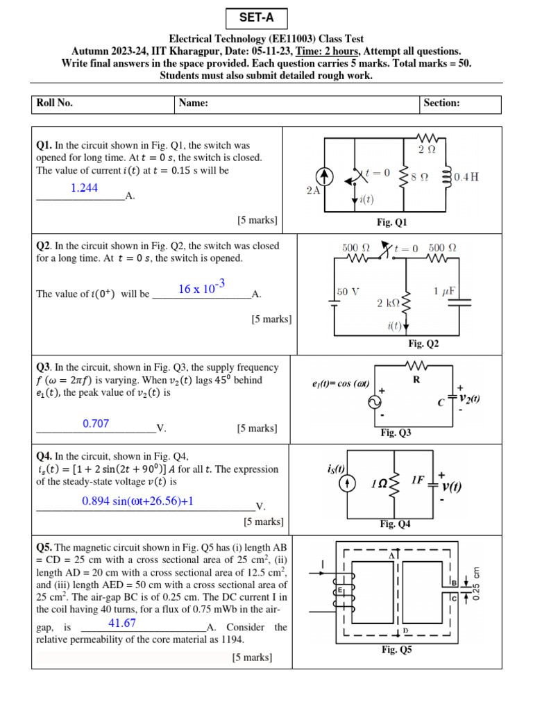 ET 23-24 Aut CT With Ans Keys | PDF | Physical Quantities | Electrical ...