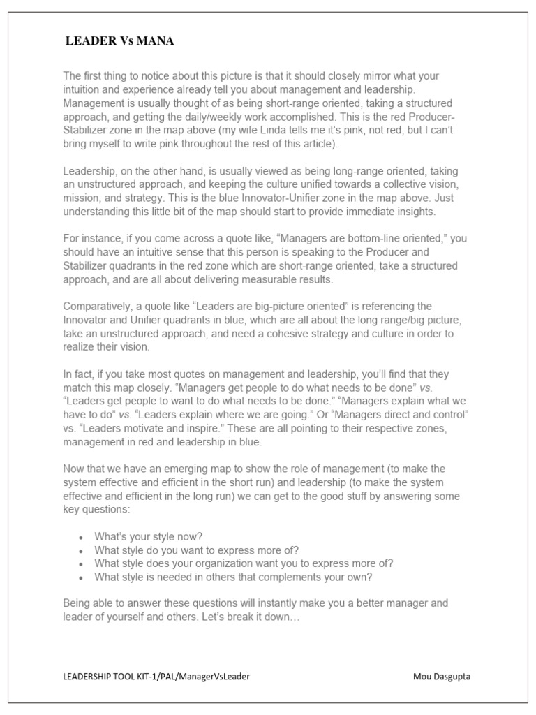 Lex Sisney Manager Vs Leader V1 | PDF | Leadership | Entrepreneurship