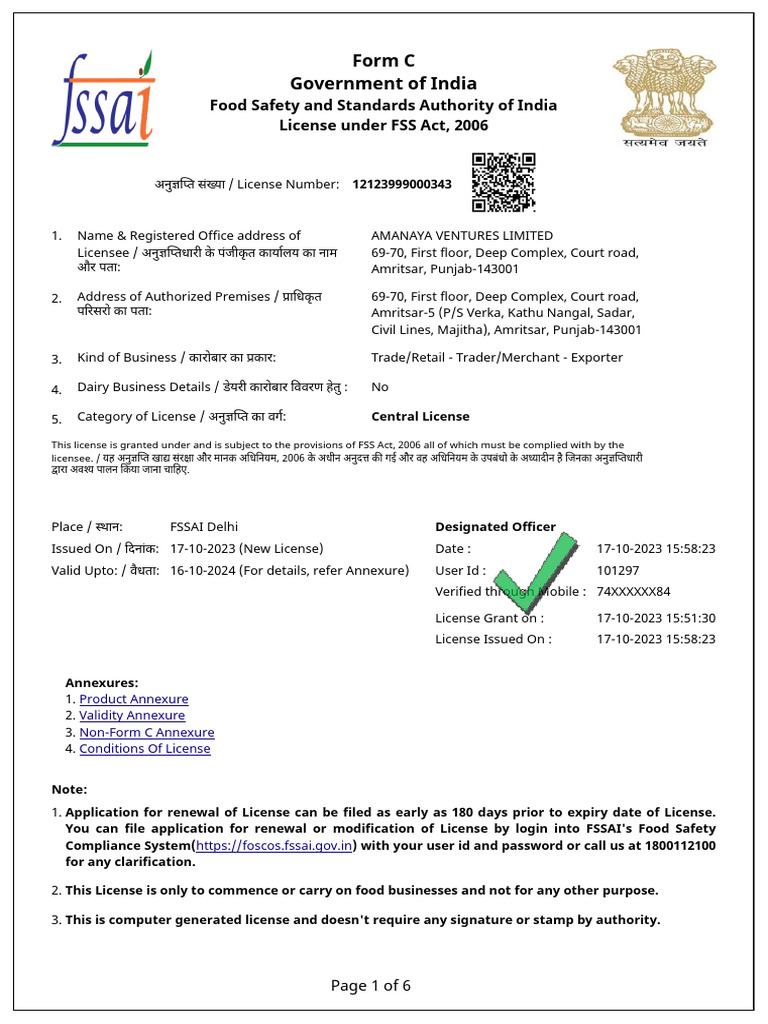 FSSAI Central License - Amanaya Ventures Limited | PDF | Vegetable Oil ...