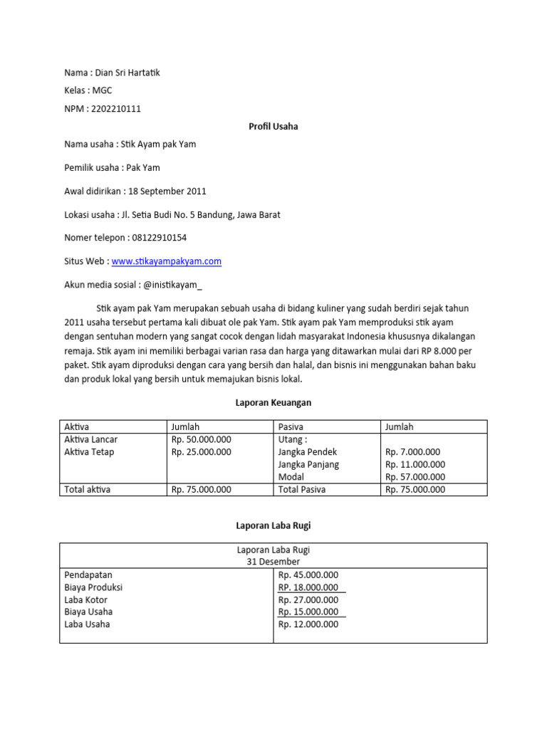Profil Usaha | PDF | Pengelolaan Keuangan & Uang