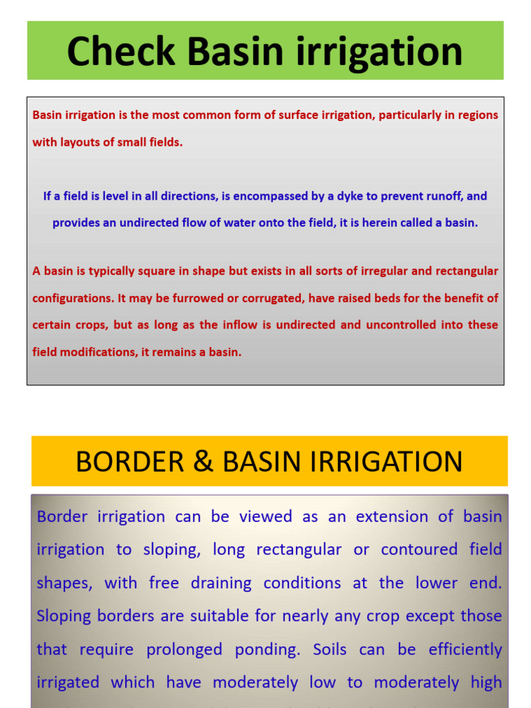 Basin Irrigation Techniques Guide | PDF | Irrigation | Soil