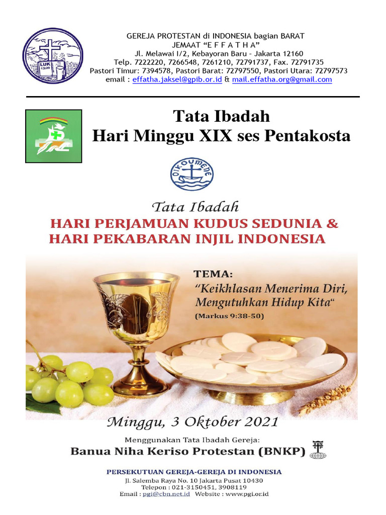 Tata Ibadah Minggu XIX Sesudah Pentakosta - Sakramen Perjamuan Se-Dunia - 3 Oktober 2021 | PDF
