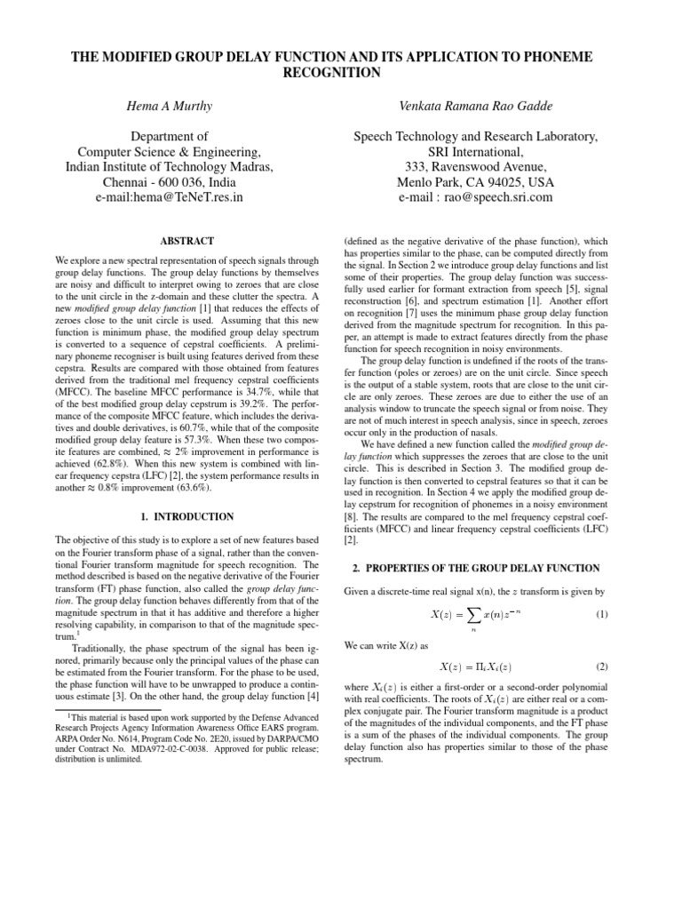 The Modified Group Delay Function And Its Application To Phoneme Pdf Telecommunications