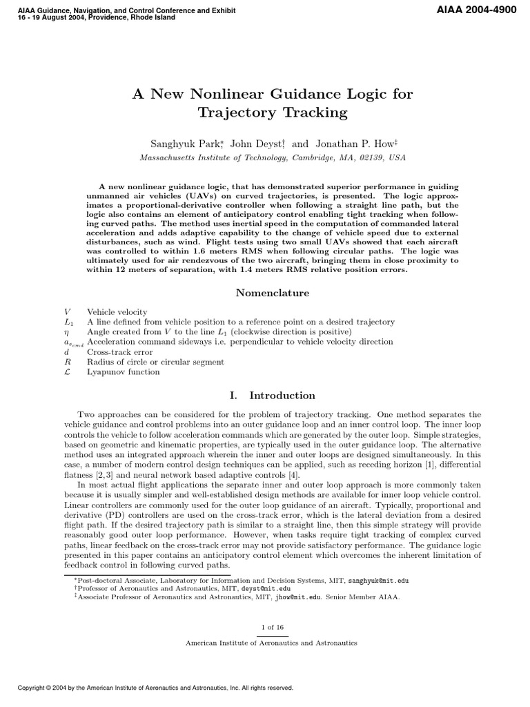 A New Nonlinear Guidance Logic For Trajectory Tracking | PDF | Acceleration | Guidance System