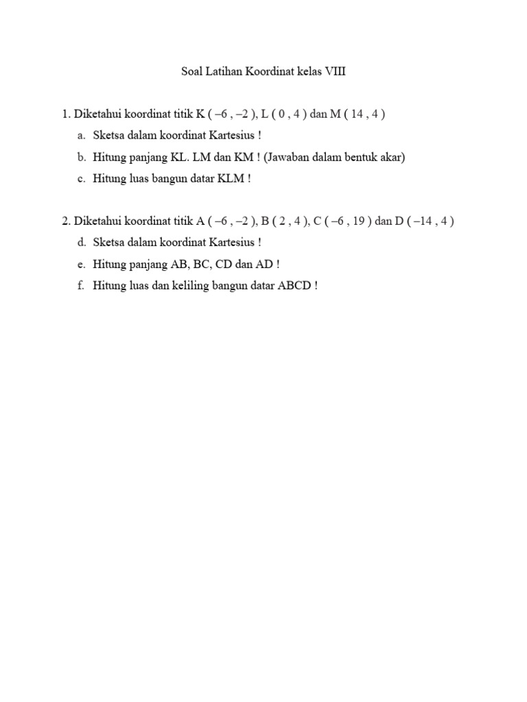 Latihan Koordinat Kelas VIII: Sketsa & Hitung | PDF