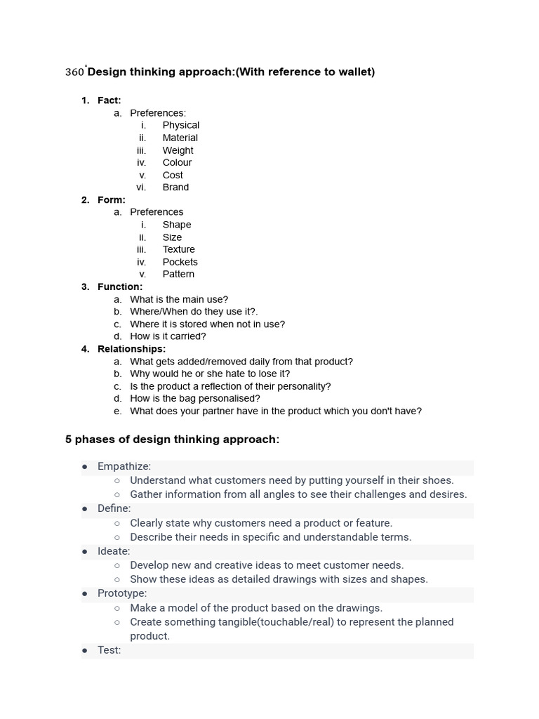 Design Thinking Approach: (With Reference To Wallet) : 1. Fact | PDF ...