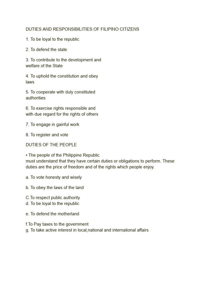 Duties and Responsibilities of Filipino Citizen | PDF | European ...