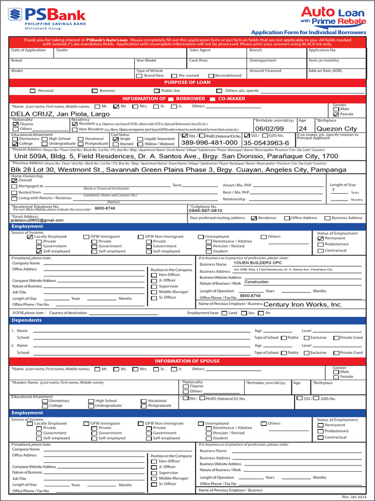 PSBank Auto Loan Application Form | PDF | Loans | Banks