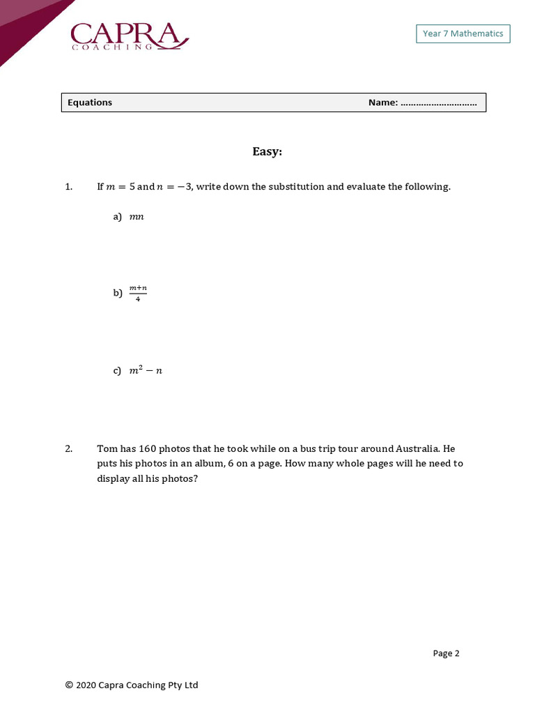 Year 7 Maths Exam Booklet Equations Questions | PDF | Equations ...