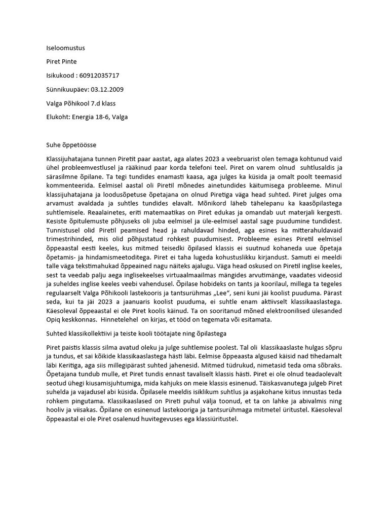Iseloomustus Piret Pinte | PDF
