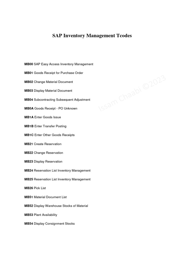 SAP Inventory Management Tcodes | PDF | Inventory | Information Science