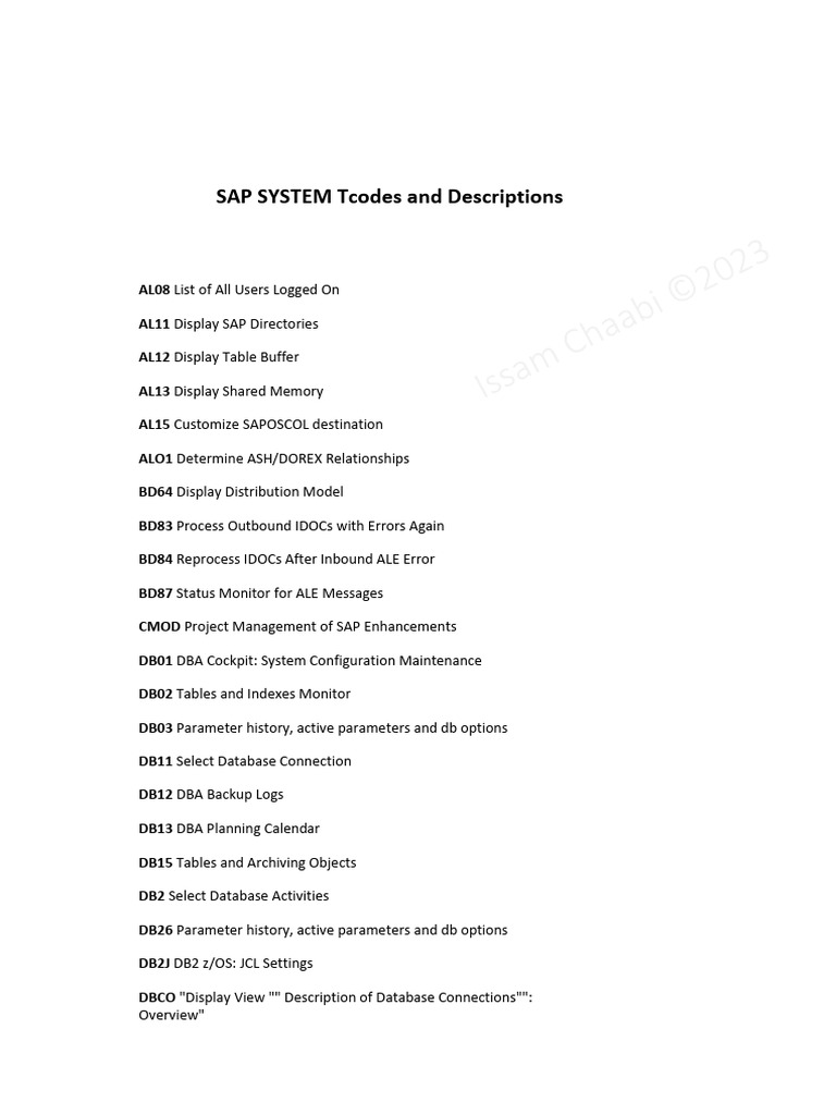 SAP SYSTEM Tcodes and Descriptions | PDF | Databases | Computer Science
