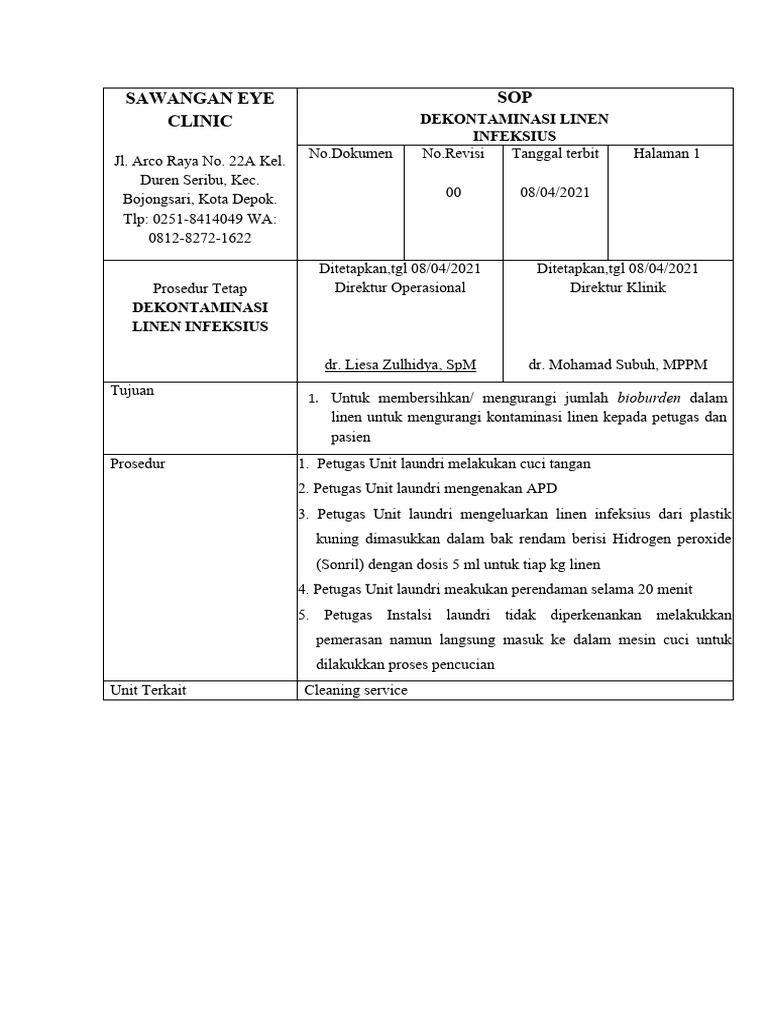 Sop Dekontaminasi Linen Infeksius | PDF
