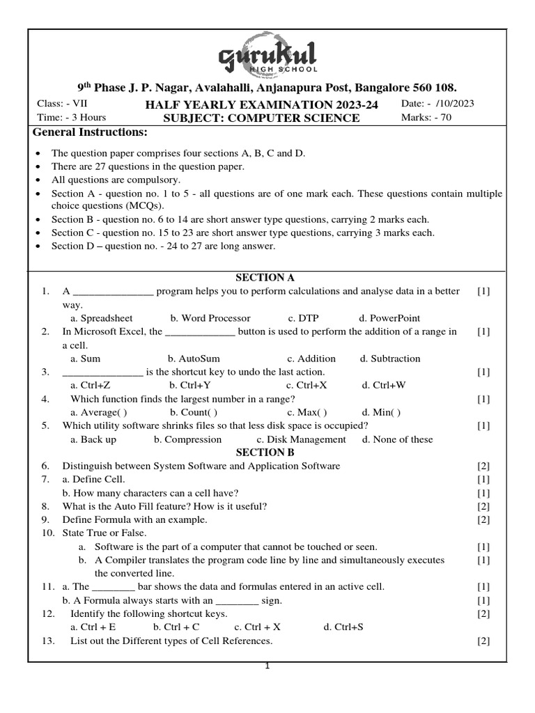 7 Computer Science HYE | PDF | Microsoft Excel | Worksheet