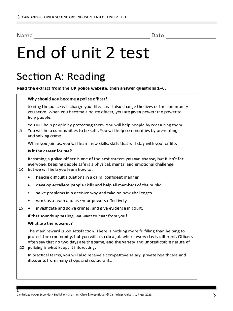 LS English 9 Unit 2 Test | PDF | Police | Cognition