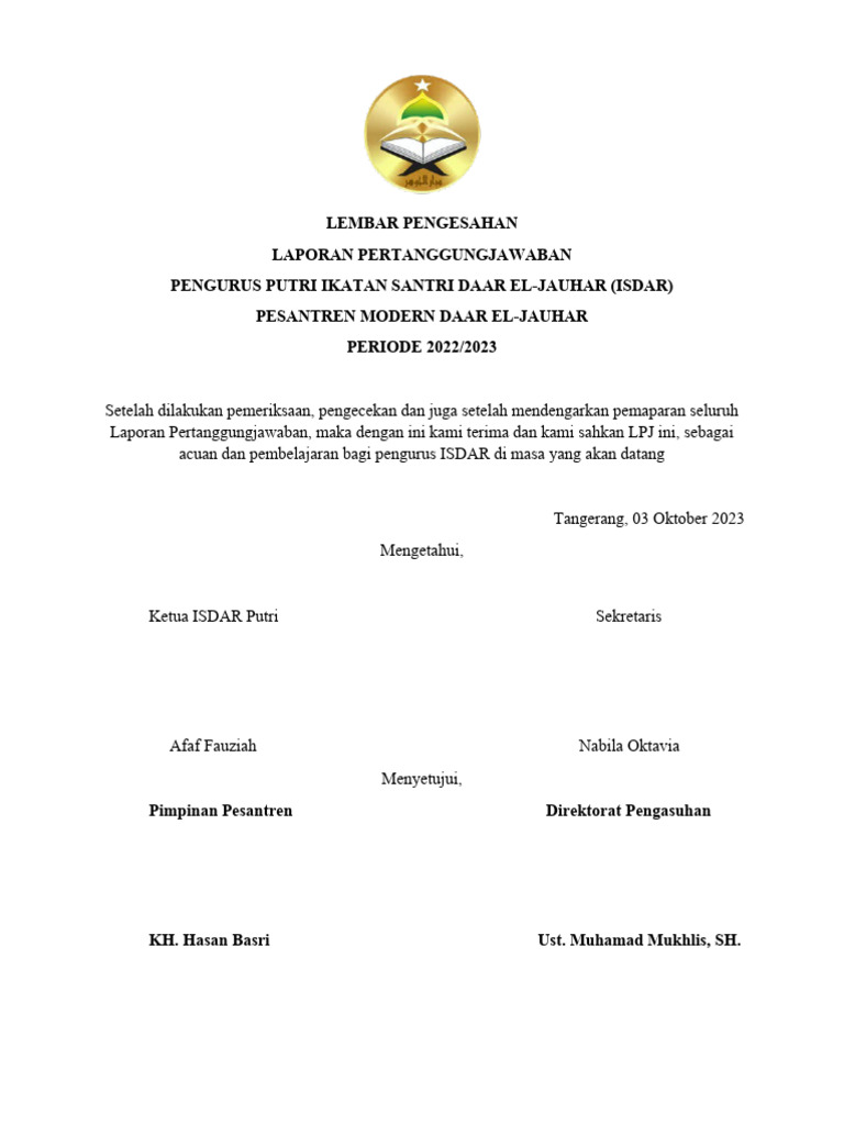 Lembar Pengesahan LPJ Putri | PDF