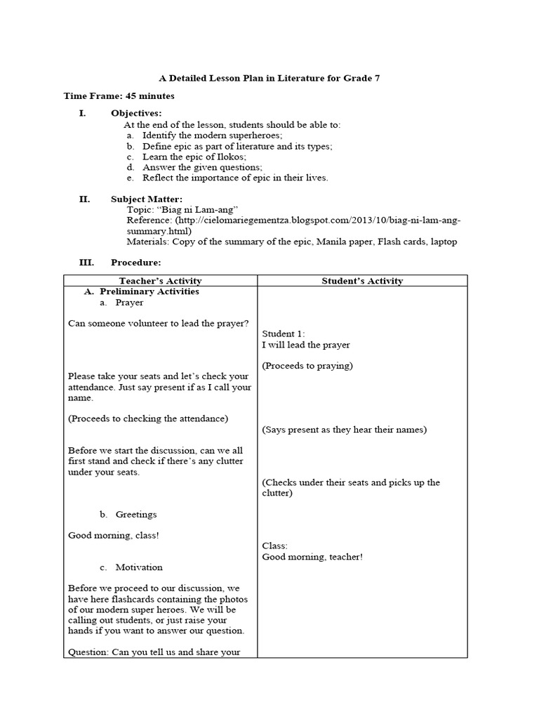 A Detailed Lesson Plan in Literature For Grade 7 | PDF | Hero | Epic Poetry