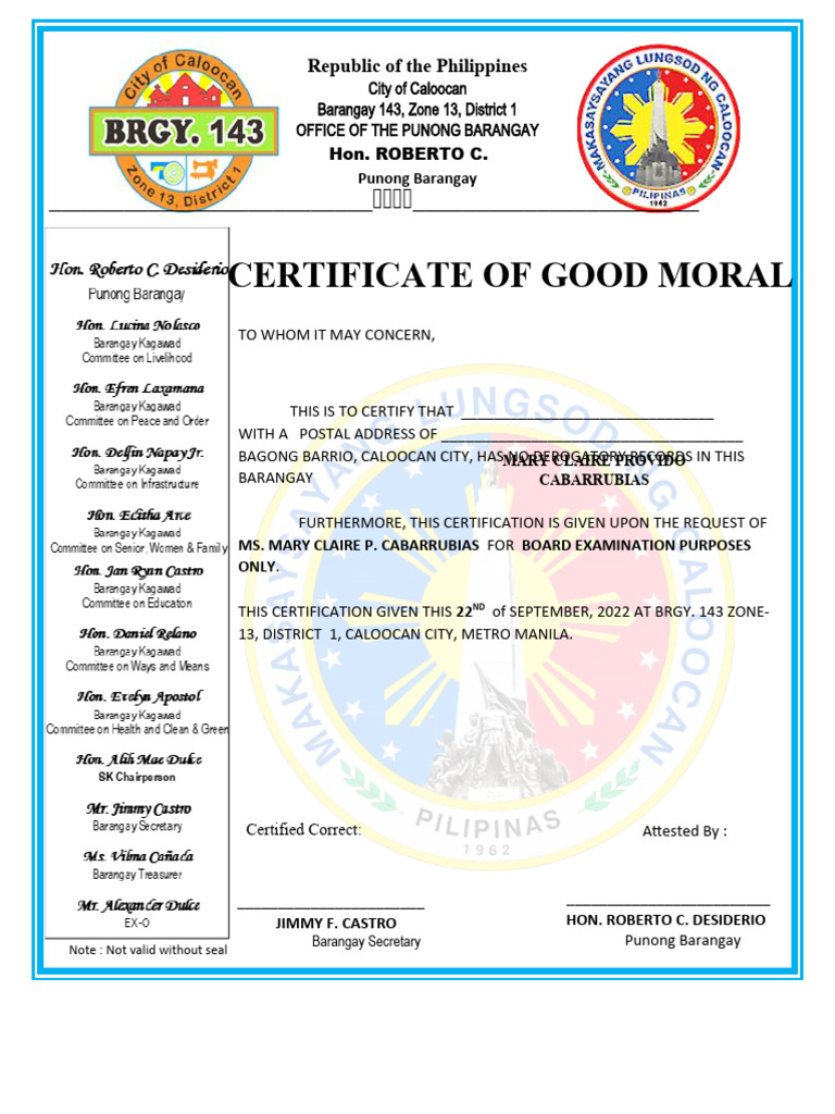 Barangay Certificate of Good Moral Character | PDF | Philippines