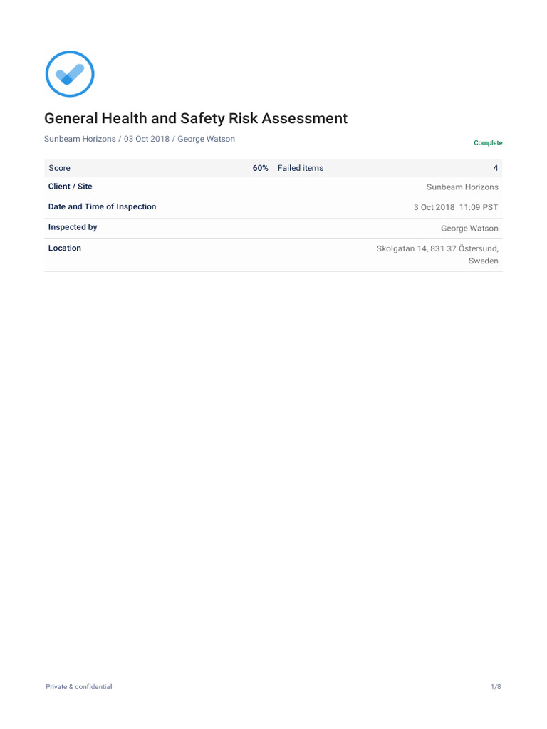 Health and Safety Risk Assesment Sample Report | PDF | Hazards | Risk