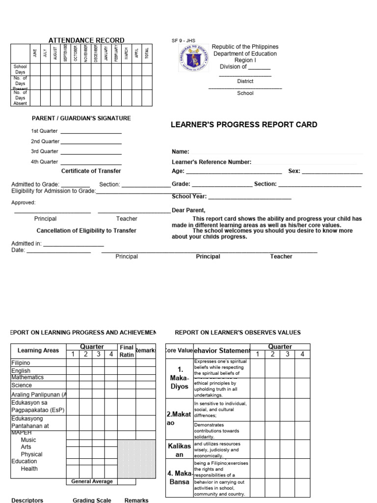 JHS SF9 Learner's Progress Report Card | PDF | Learning | Behavioural ...