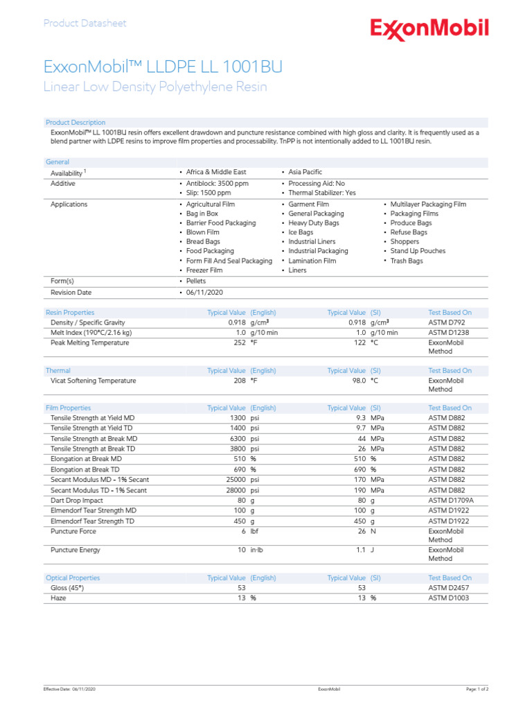 TDS Lldpe 1001bu | PDF | Pascal (Unit) | Ultimate Tensile Strength