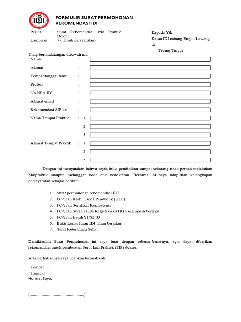 Formulir Surat Permohonan Rekomendasi IDI Empat Lawang | PDF